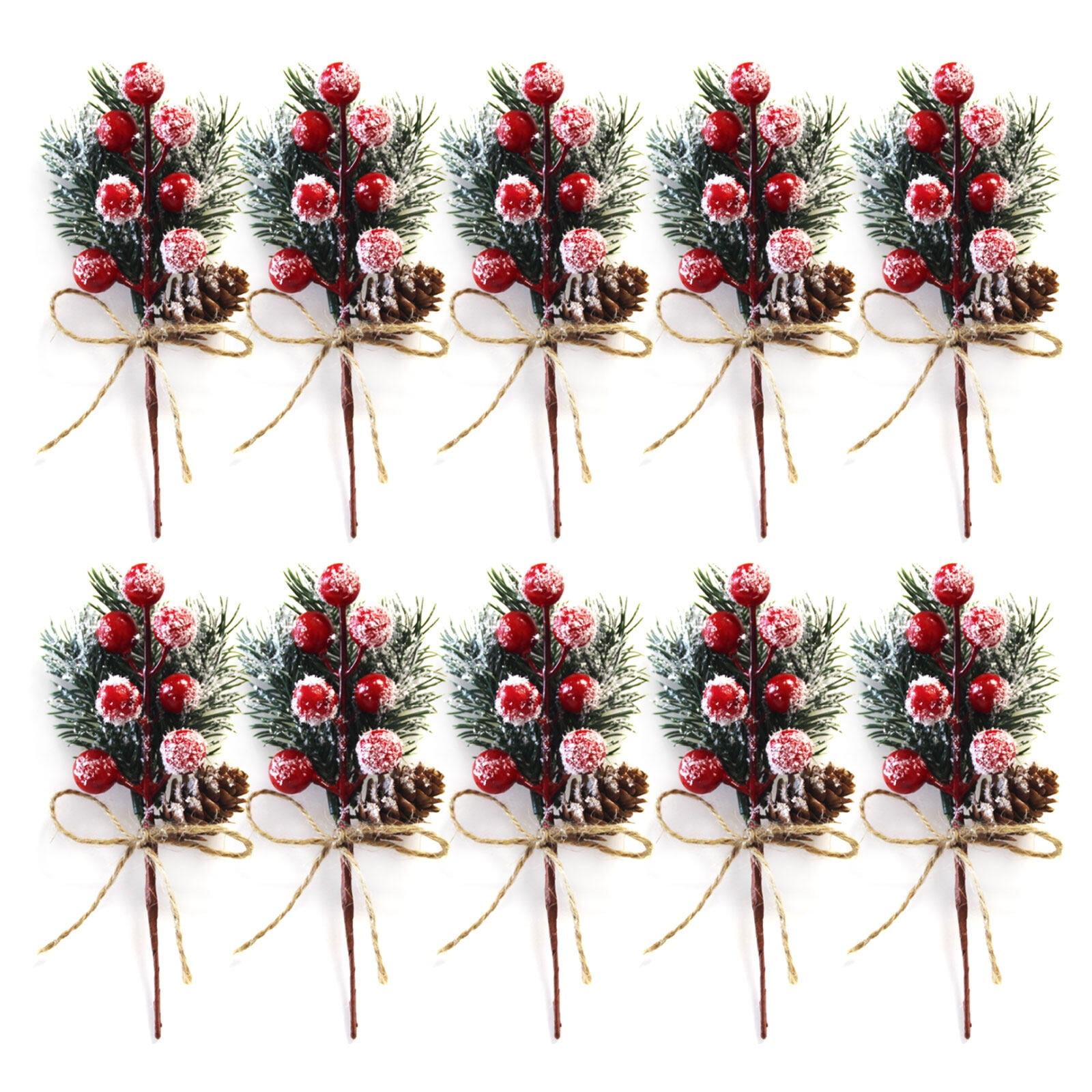 10 Pcs Mini Plastic Red Berry Stems Pine Branches Evergreen Christmas ...