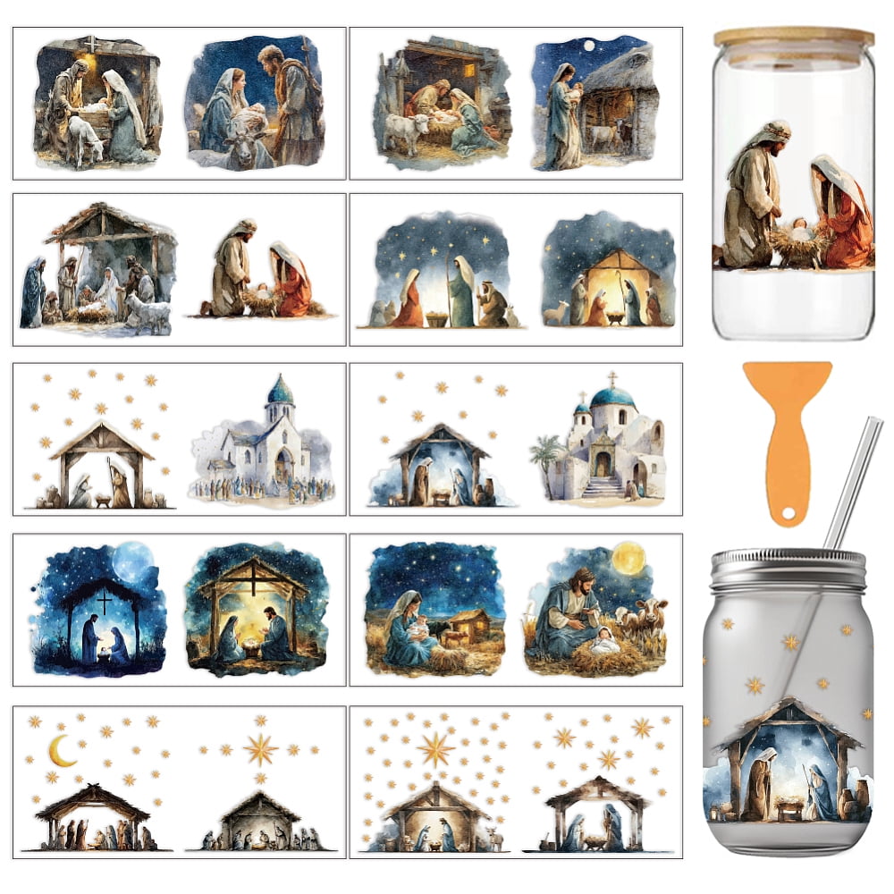 10 Pcs Nativity Scene Theme PVC Cup Transfer Stickers Thatch Stars ...