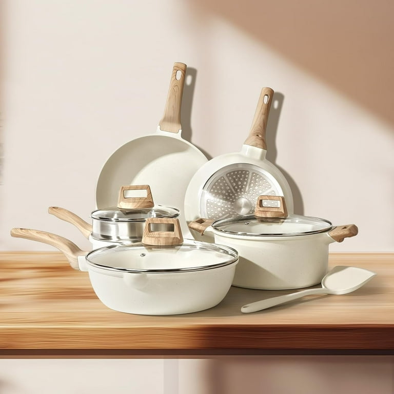 SIMATE 10 Pcs Nonstick Pots and Pans White Granite Cookware Set for Various Stove and Induction Top Frying Pan Saute Pan with Lid Casserole