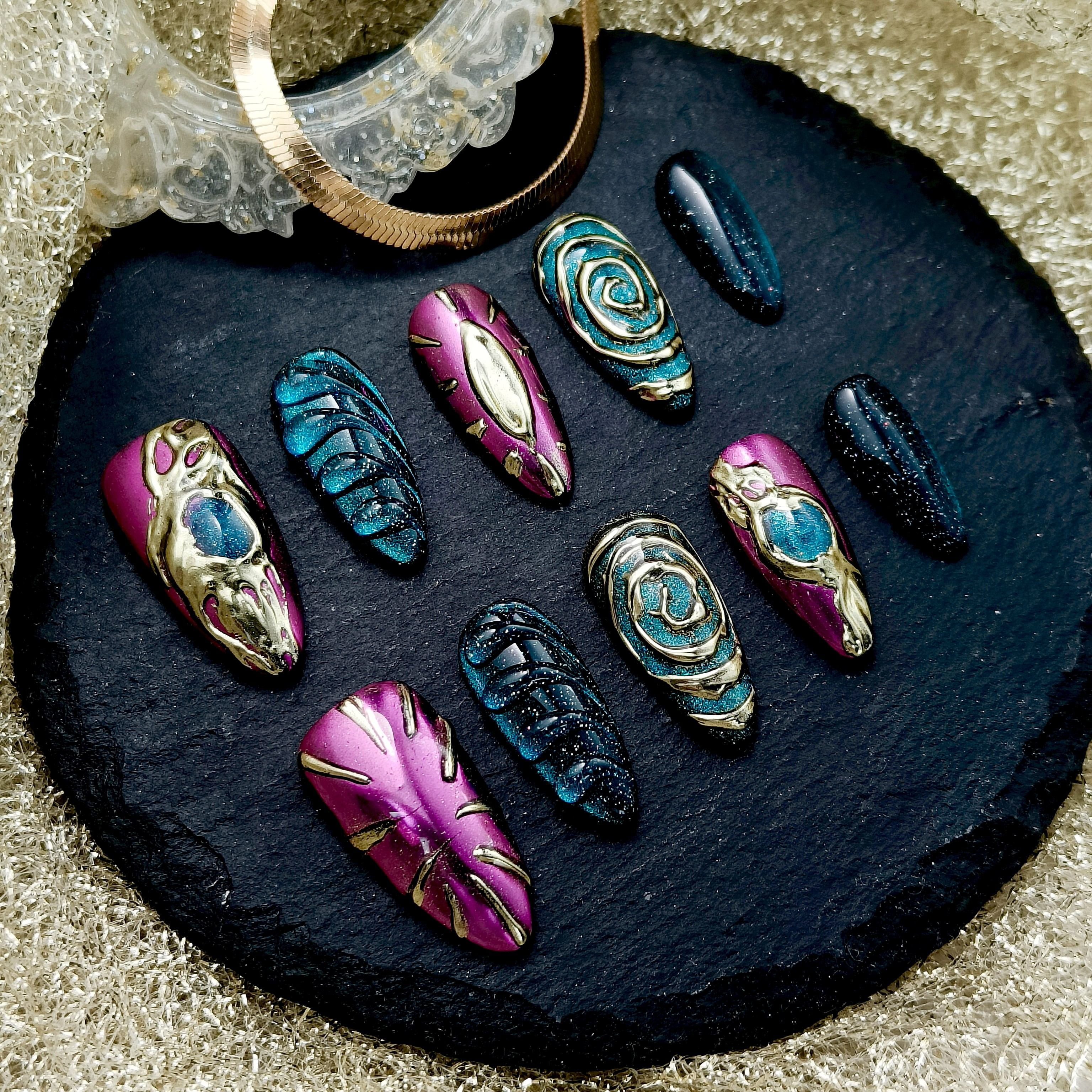 10 Pcs Original Handmade Garbage Punk Press-On Nails - Purple & Teal ...