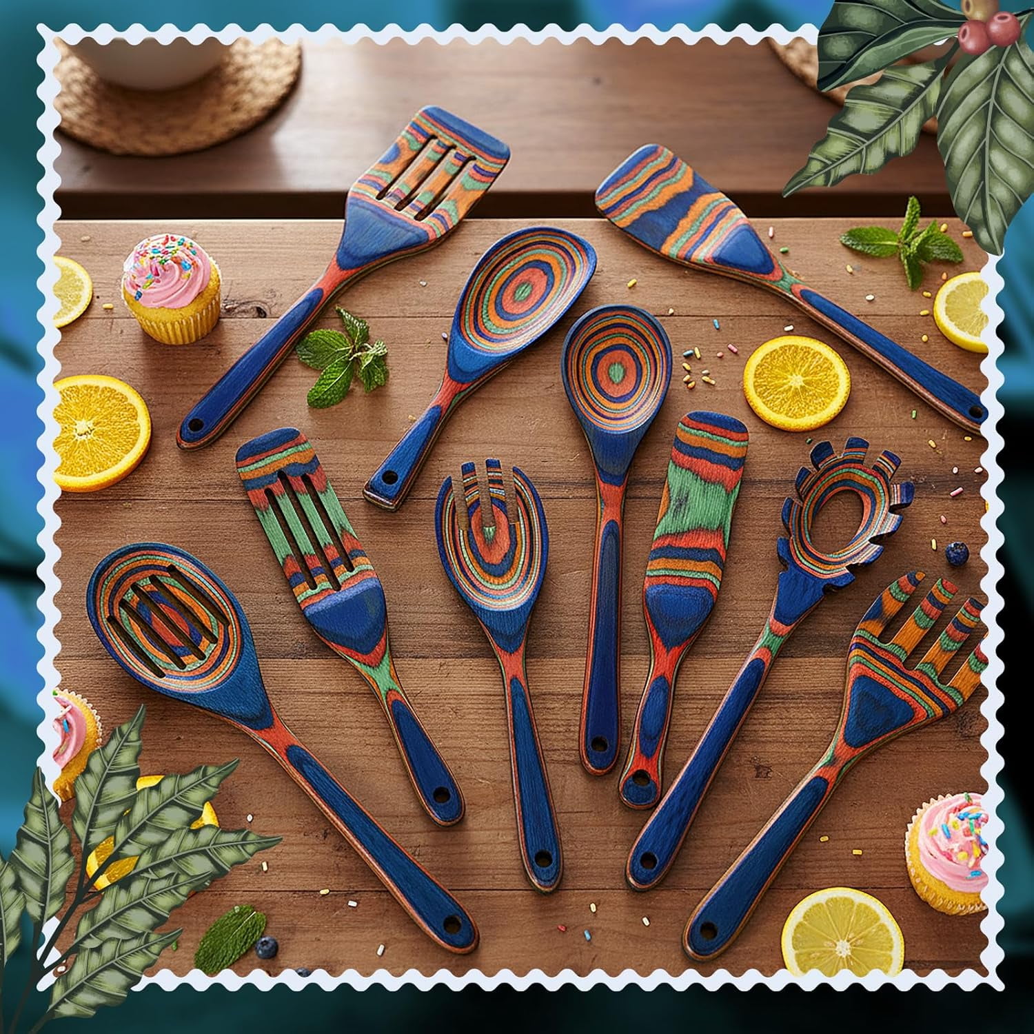 10 Pcs Pakkawood Kitchen Utensils Set Blue Wooden Spoons with Spatula ...