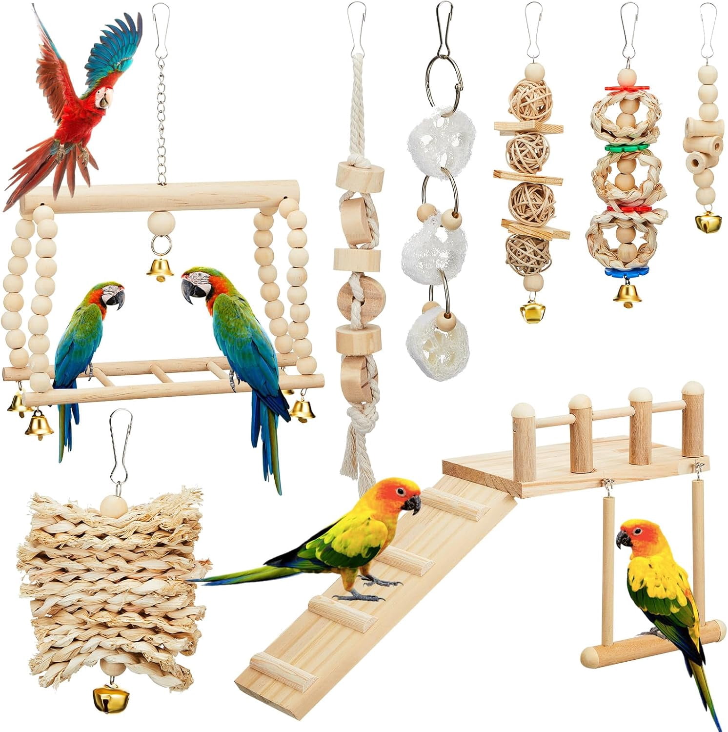 10 Pcs Parrot Swing Toys and Bird Perches Platform with Climbing Ladder ...