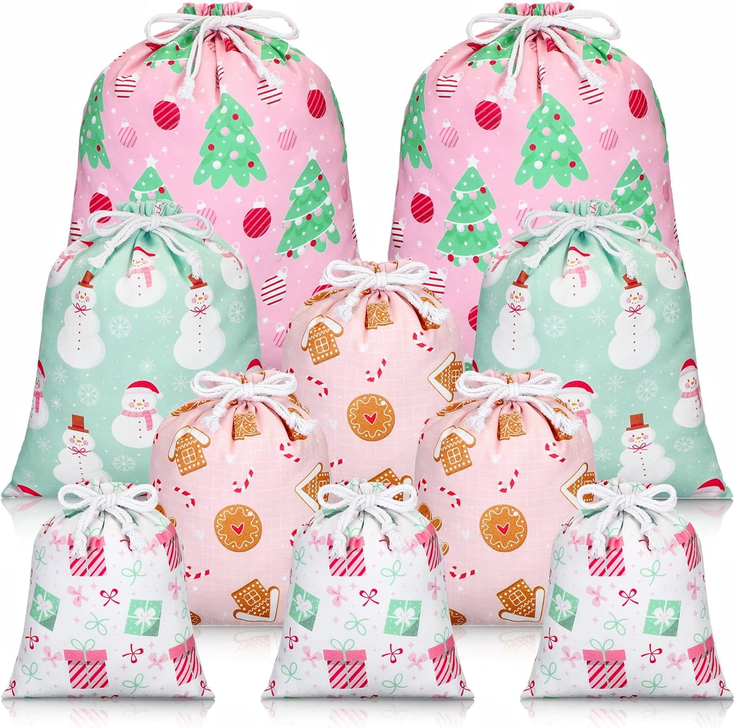 10 Pcs Pink Christmas Fabric Gift Bags with Drawstrings Xmas Stocking ...