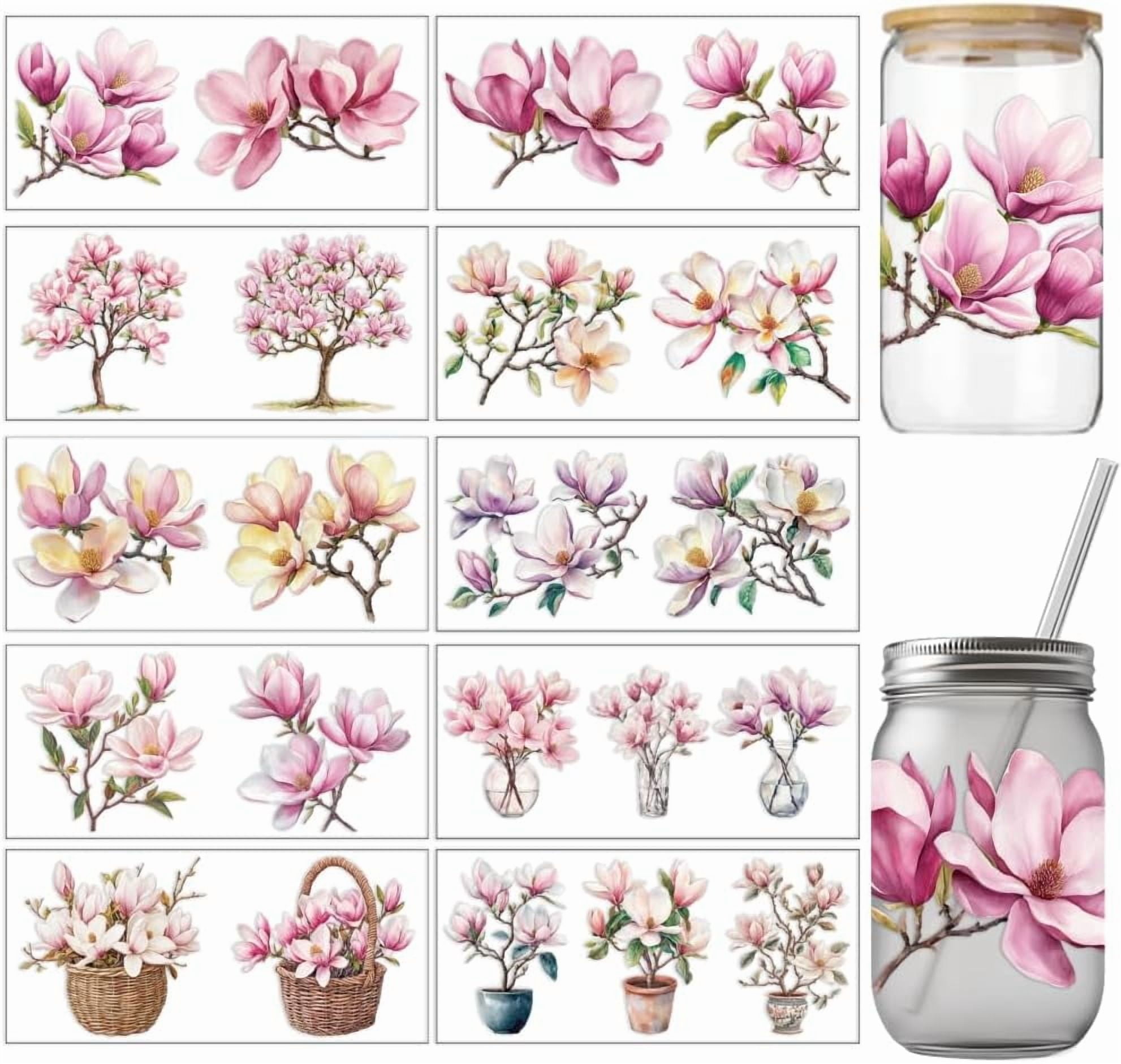 10 Pcs Pink Magnolia Flowers Theme PVC Cup Transfer Stickers Bouquet ...