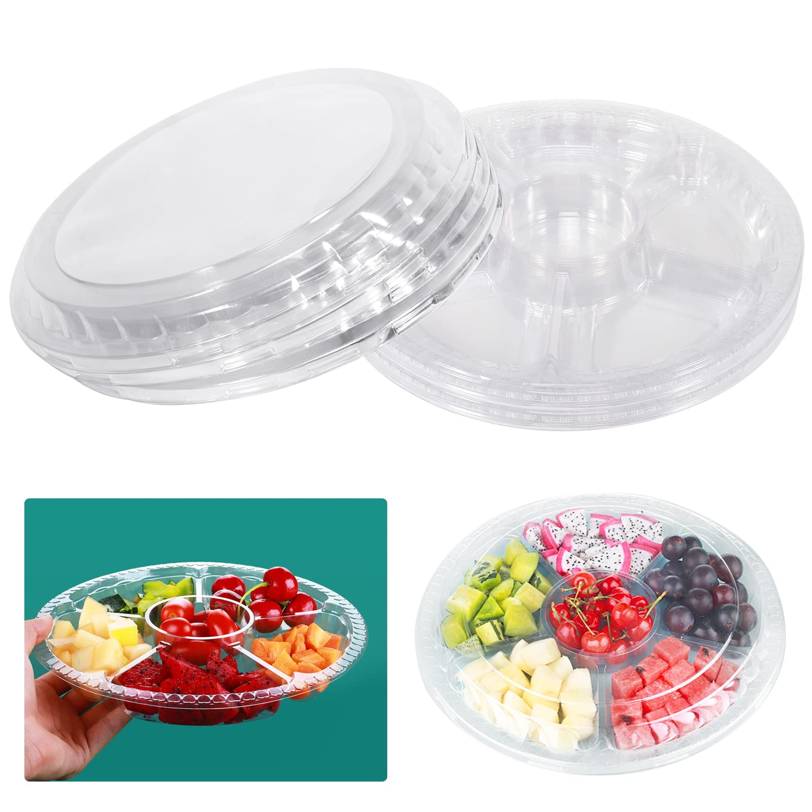 10 Pcs Round Plastic Appetizer Tray with Lid Divided Serving Tray ...