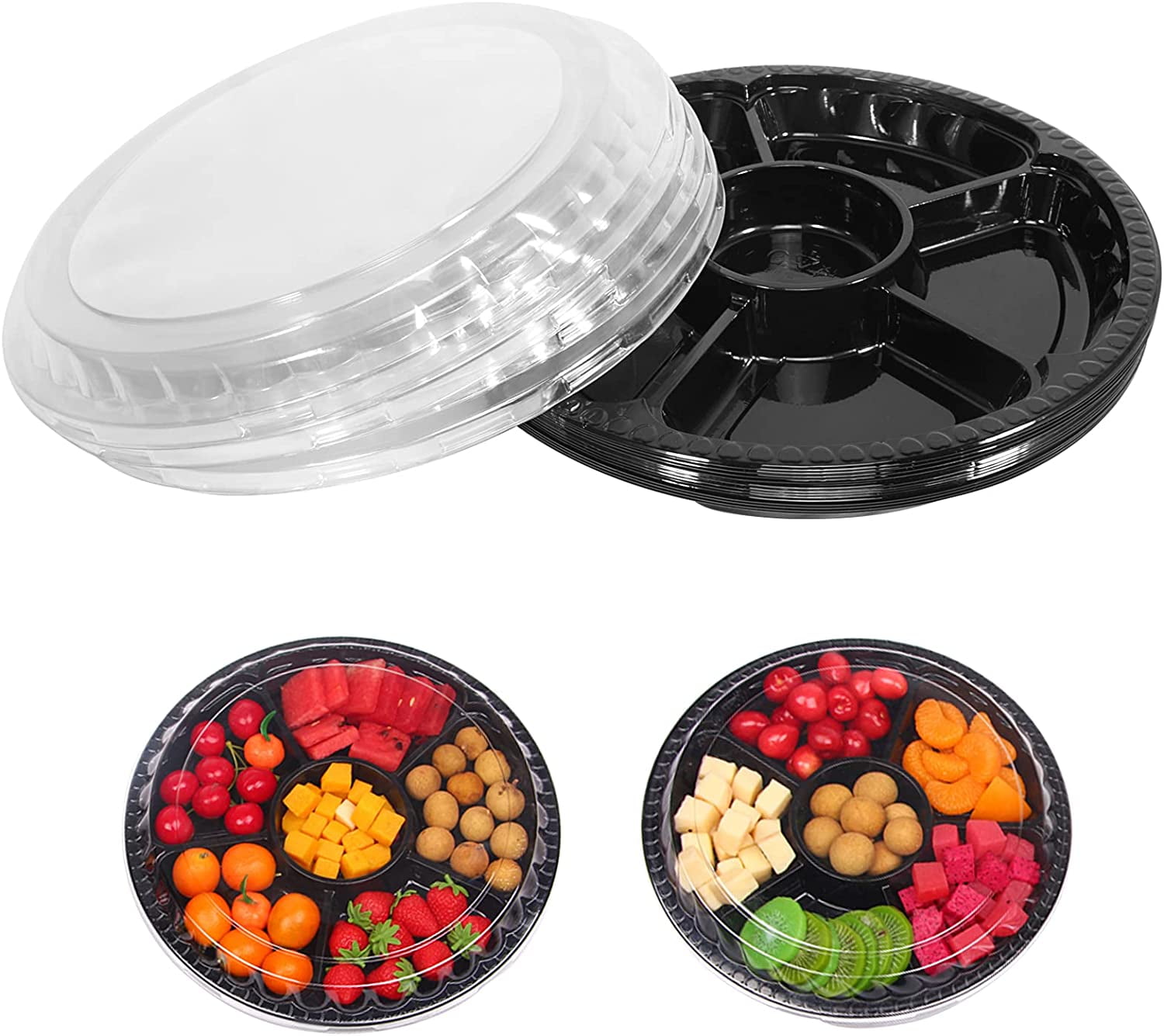 10 Pcs Round Plastic Appetizer Tray with Lid Divided Serving Tray ...