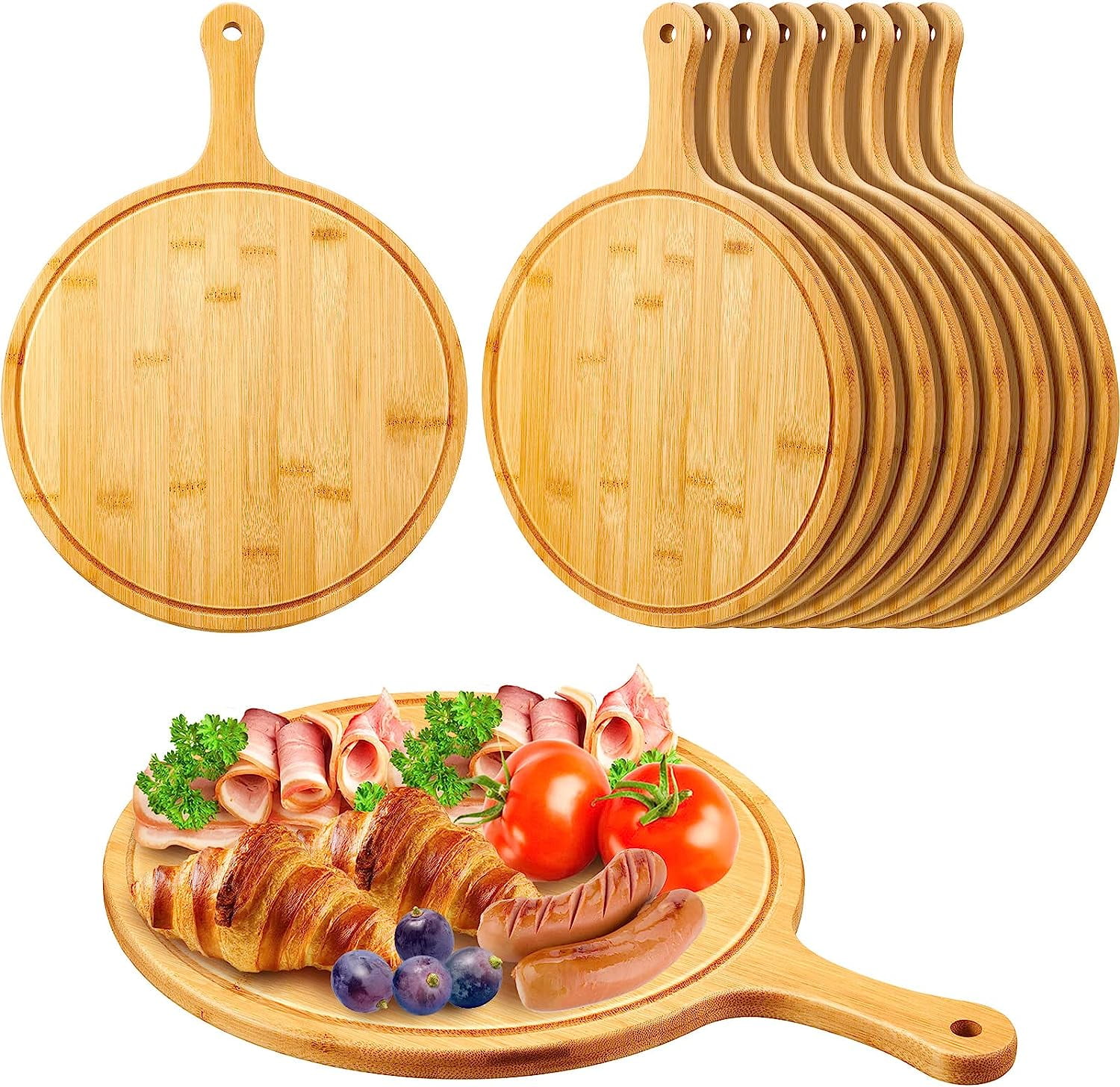 10 Pcs Round Wood Cutting Board with Handle Bamboo Wooden Serving ...