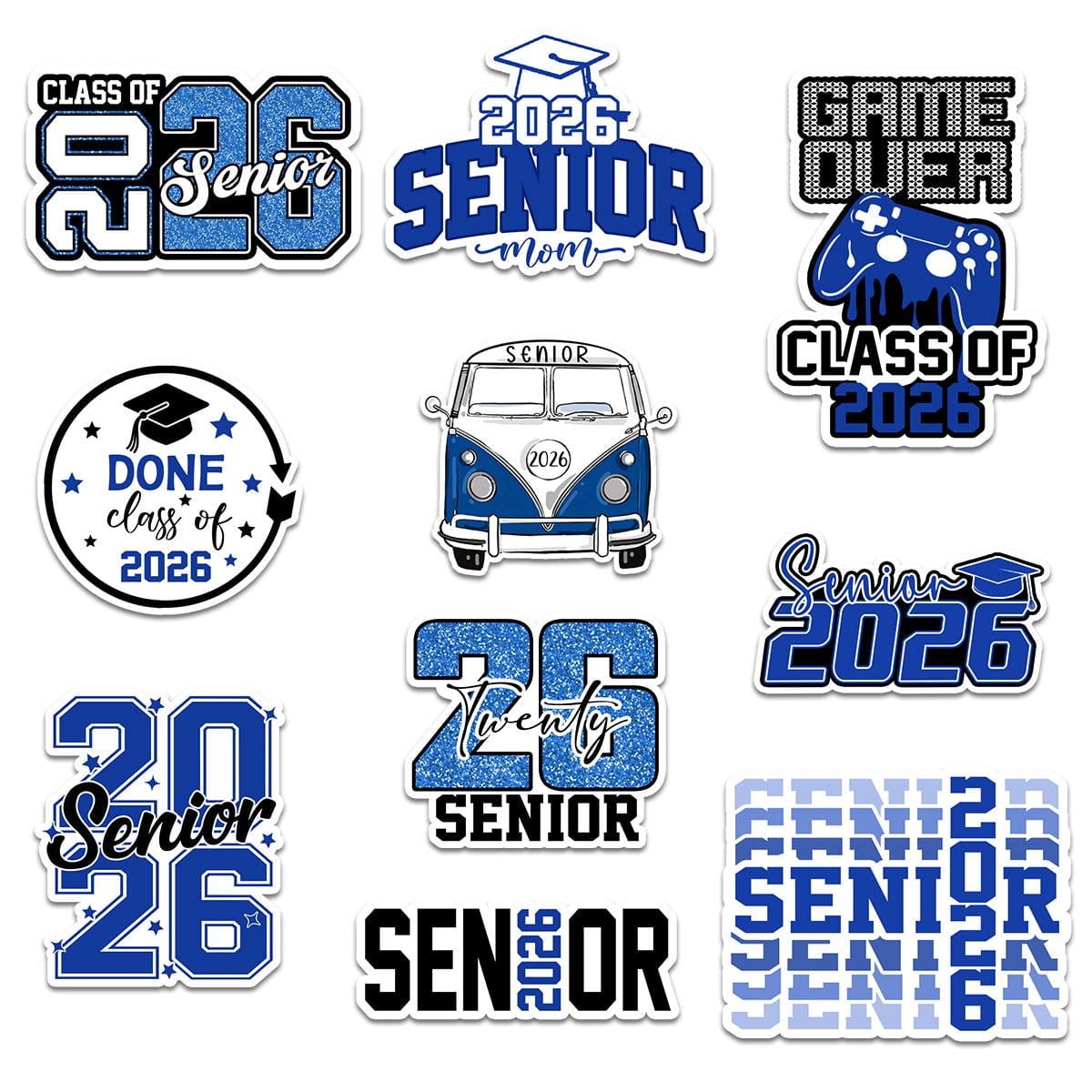 10 Pcs Senior Class of 2026 Sticker Pack – Vinyl Stickers, Blue & White ...