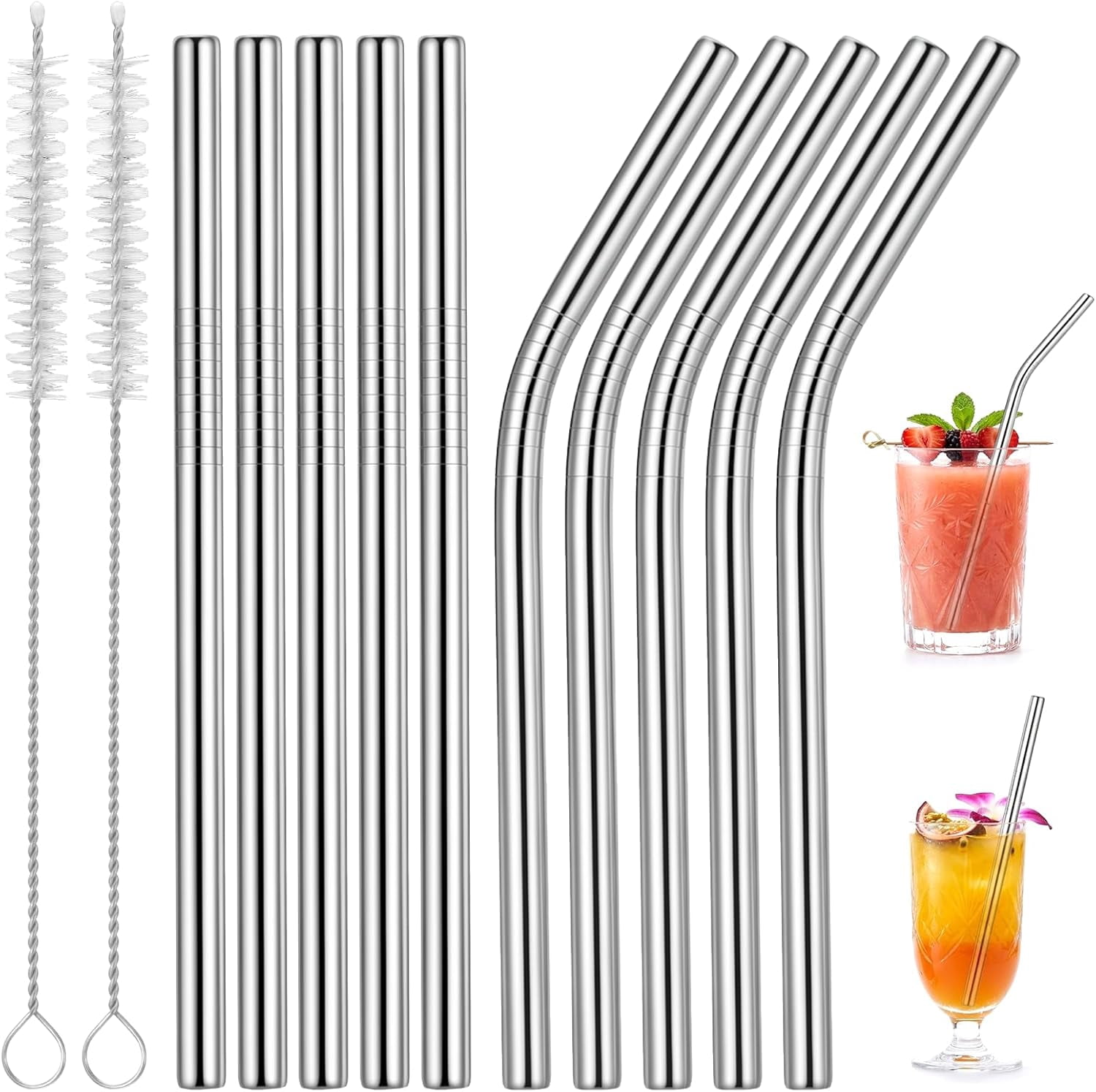 10 Pcs Short Metal Straws, 5 Straight 5 Bent with 2 Cleaning Brush, 6 ...