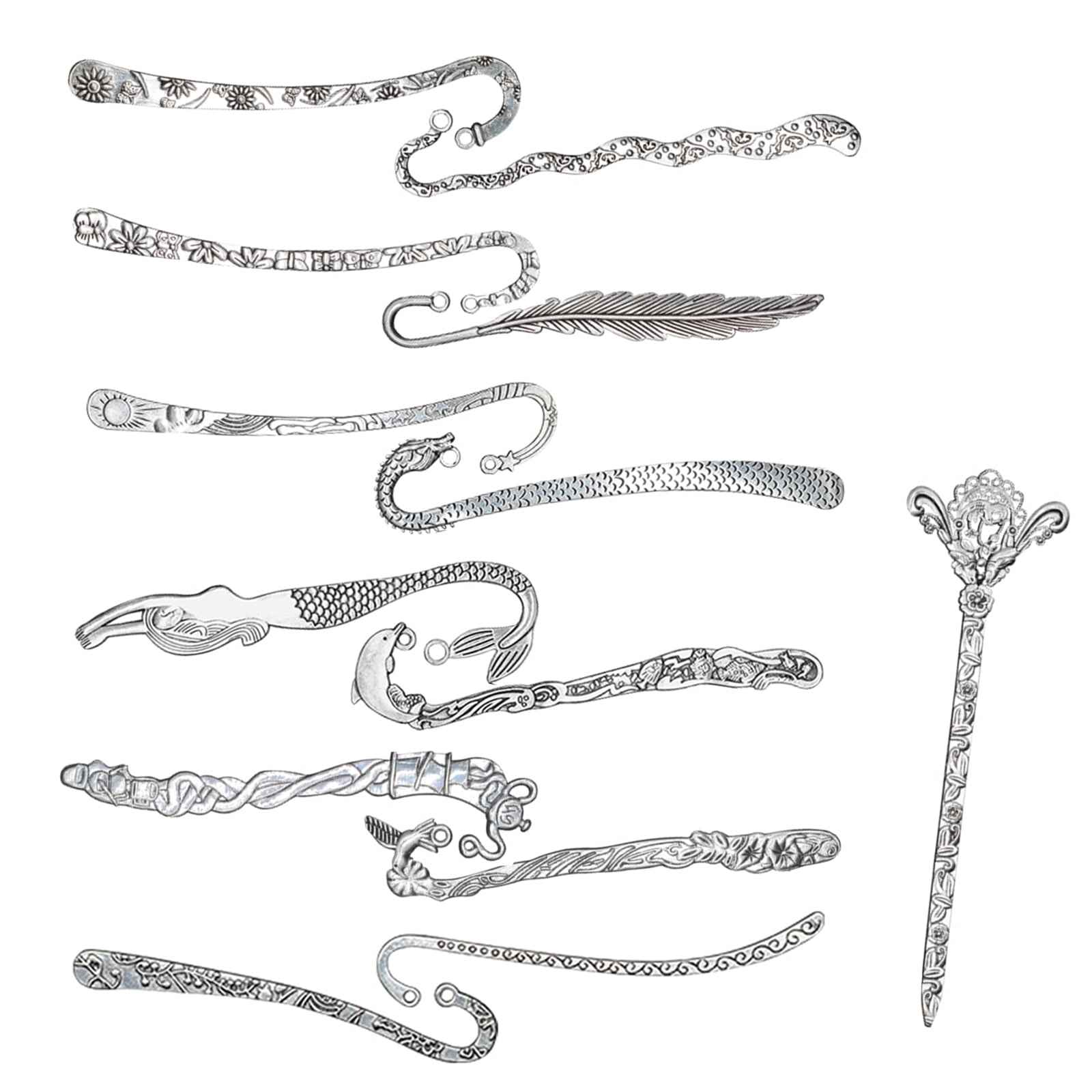 10 Pcs Silver Metal Bookmark, Hairpin Hook, Carved Antique Vintage with ...
