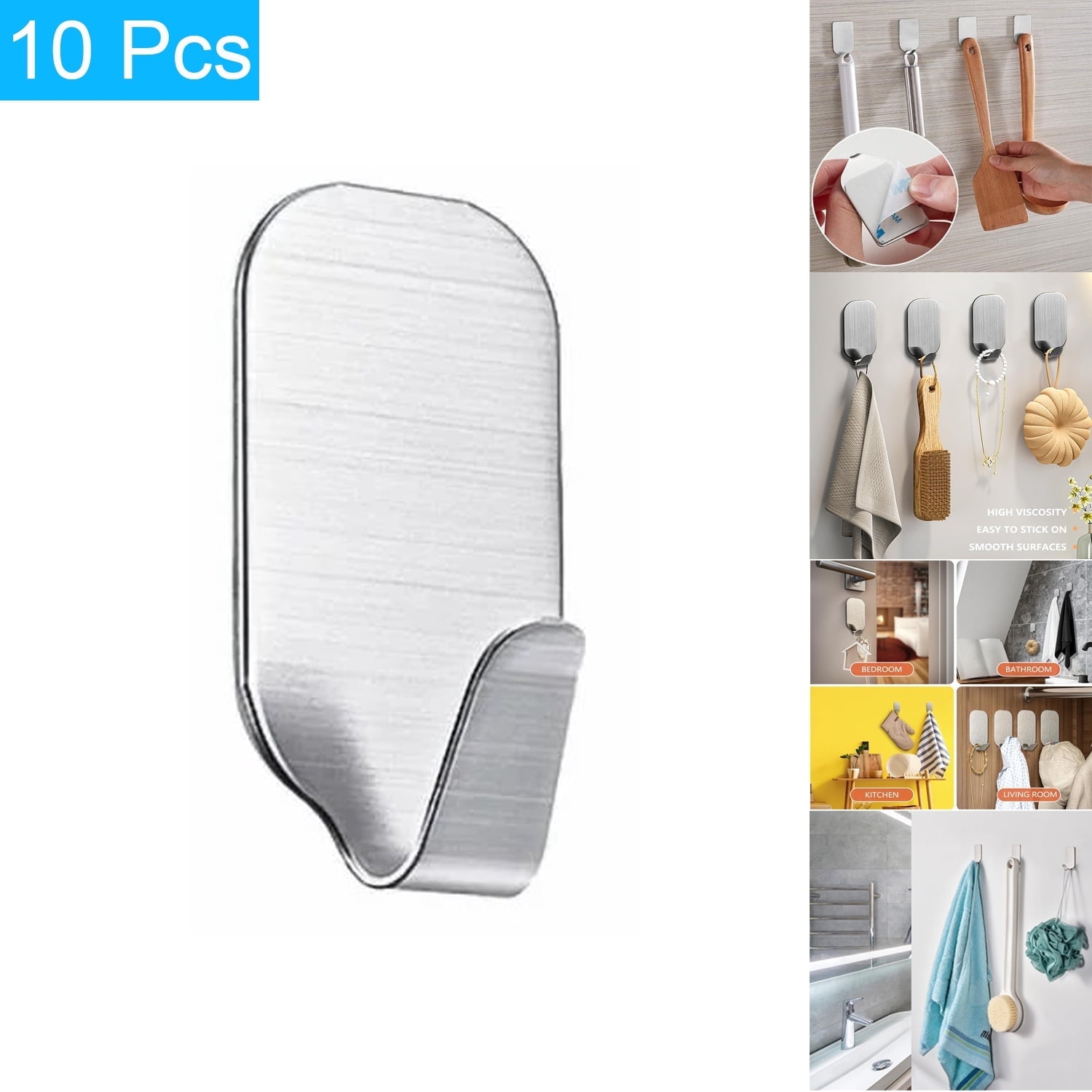 Rongsi Adhesive Wall Hooks, 10 Pcs Small Self Adhesive Hooks, Door Back ...