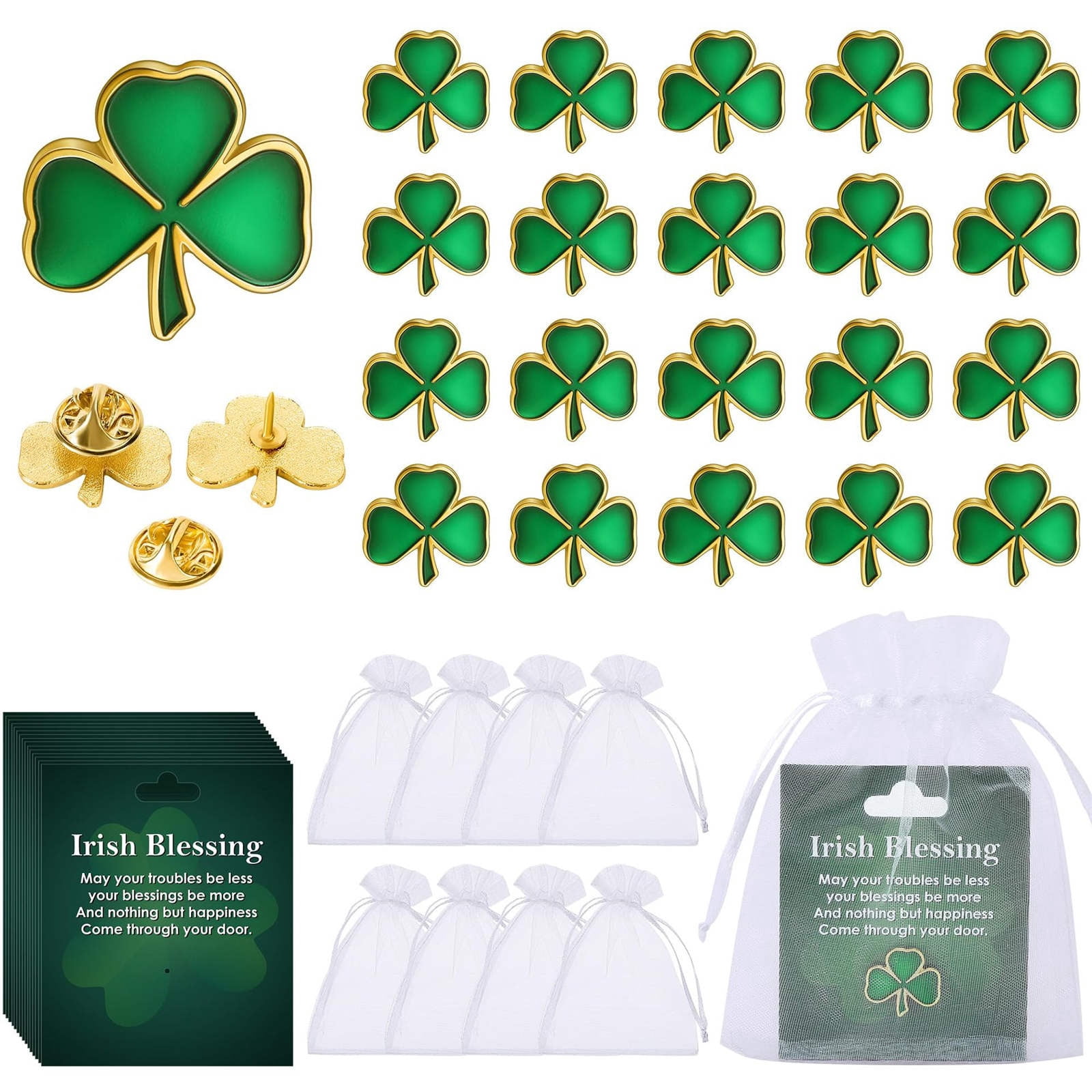 10 Pcs St. Patrick's Day Clover Lapel Pins, Clover Pin with Blessing ...