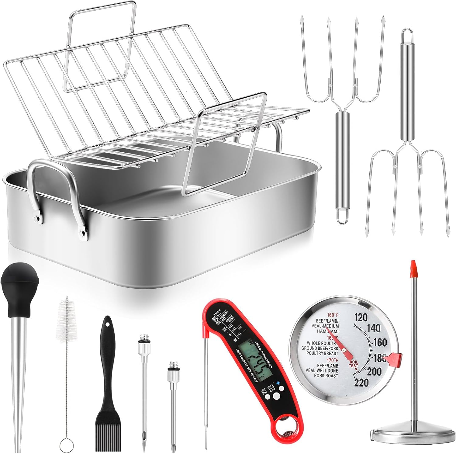 10 Pcs Stainless Steel Turkey Roasting Pan with Rack Set Baster Roast ...