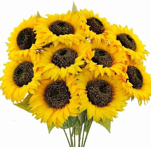10 Pcs Sunflowers Artificial Flowers with Long Stems Silk Fake Large ...