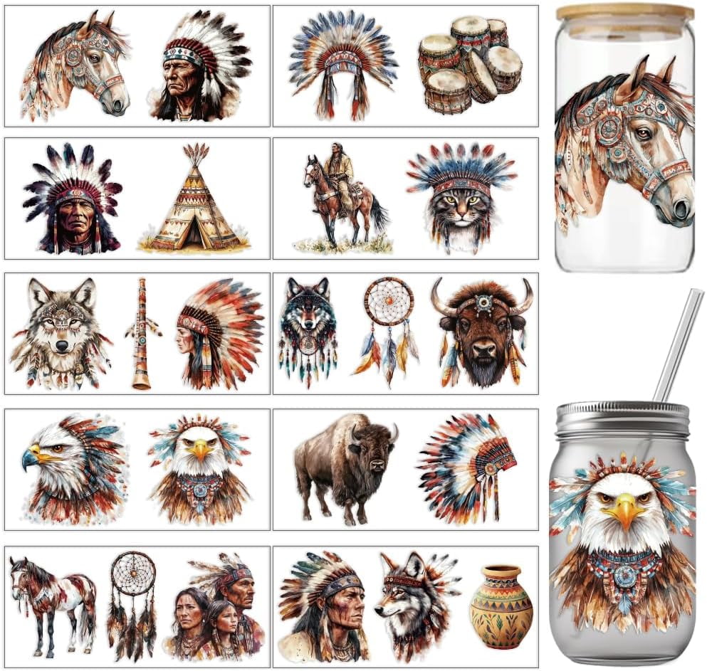 10 Pcs Tribal Animals Pattern PVC Cup Transfer Stickers Colorful Native ...