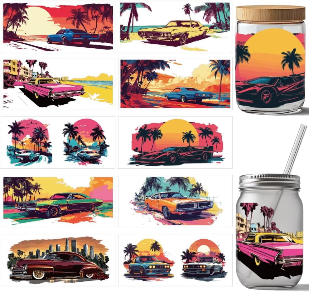 10 Pcs UV DTF Cup Wrap Transfer Sticker 10 Styles Sunset Car Coconut ...