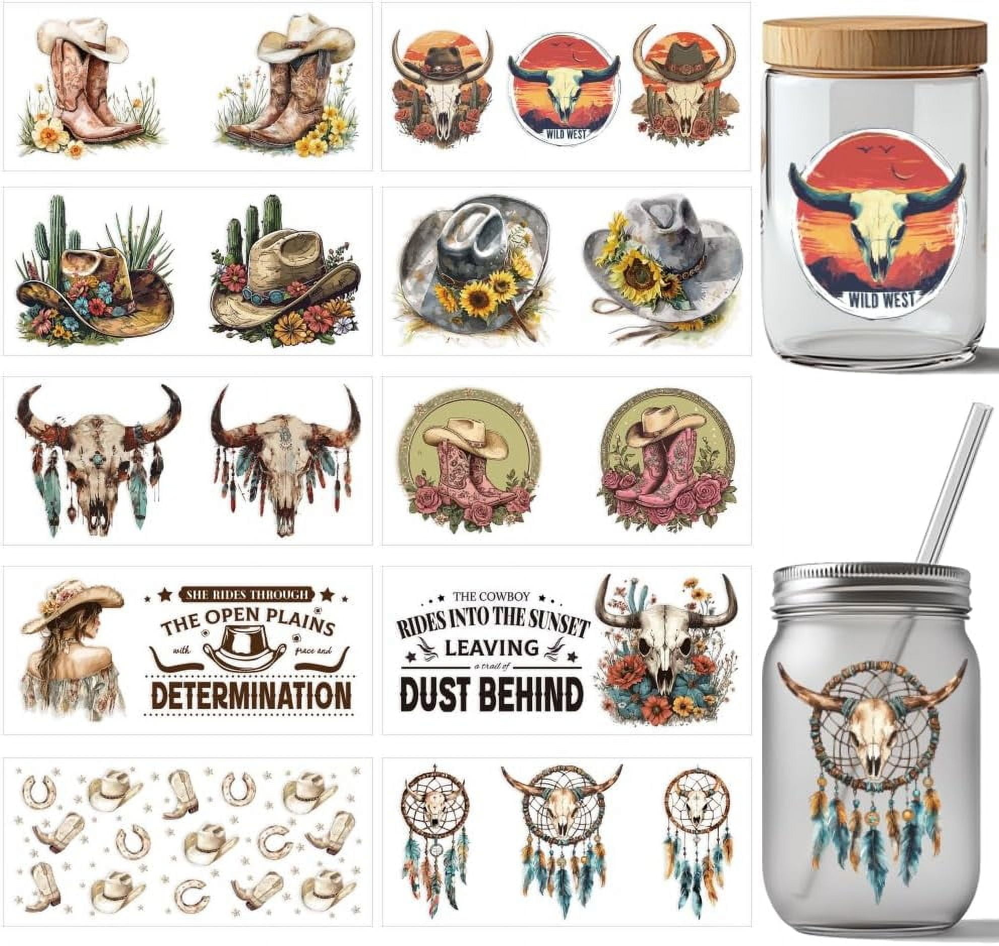 10 Pcs West Cowboy UV DTF Cup Wrap Transfer Sticker 10 Styles Cow Skull ...