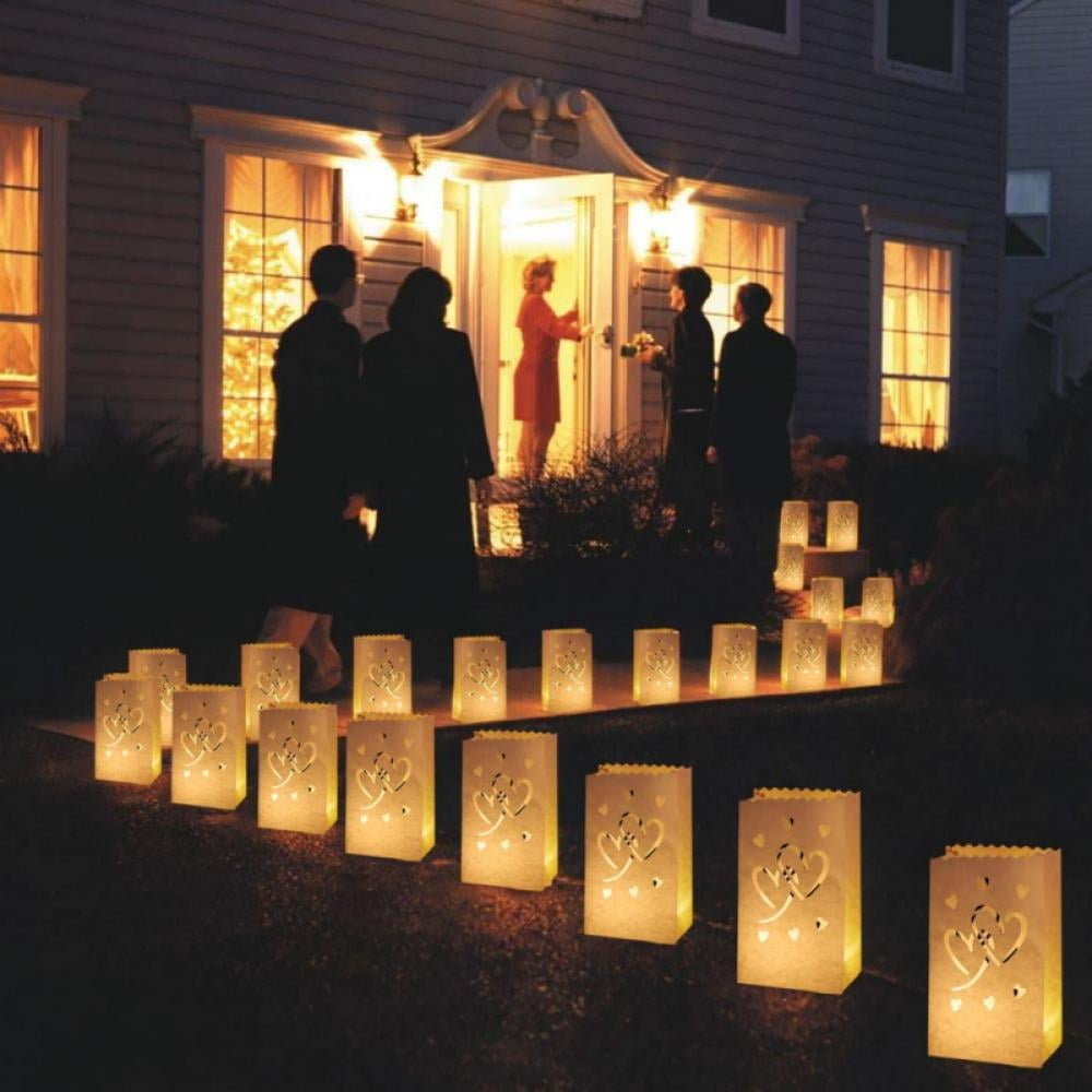10 Pcs White Luminary Bags, Double Heart Design Flame Resistant Candle ...