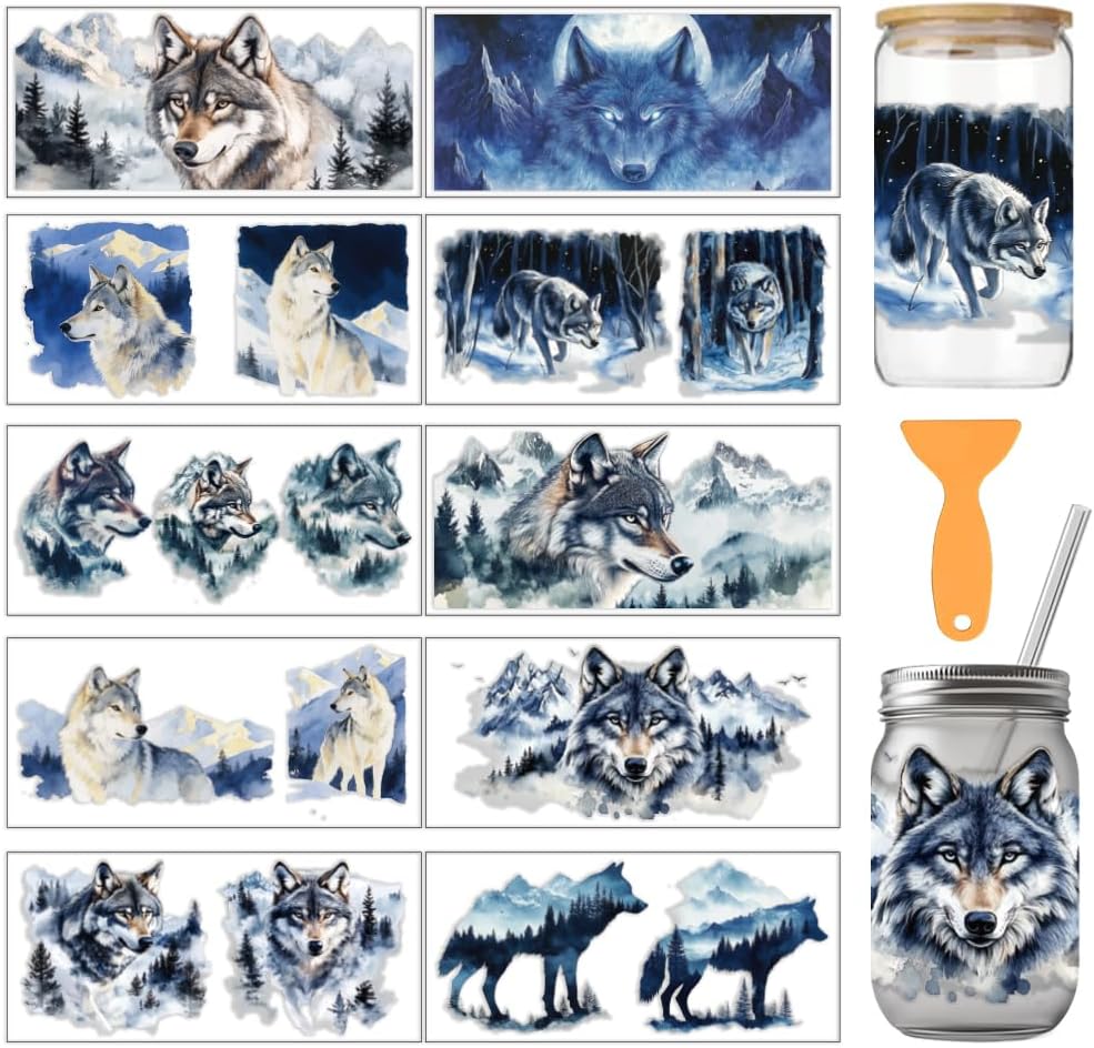 10 Pcs Wolf Theme Cup Printing UV Transfer Papers 10 Styles Watercolor ...