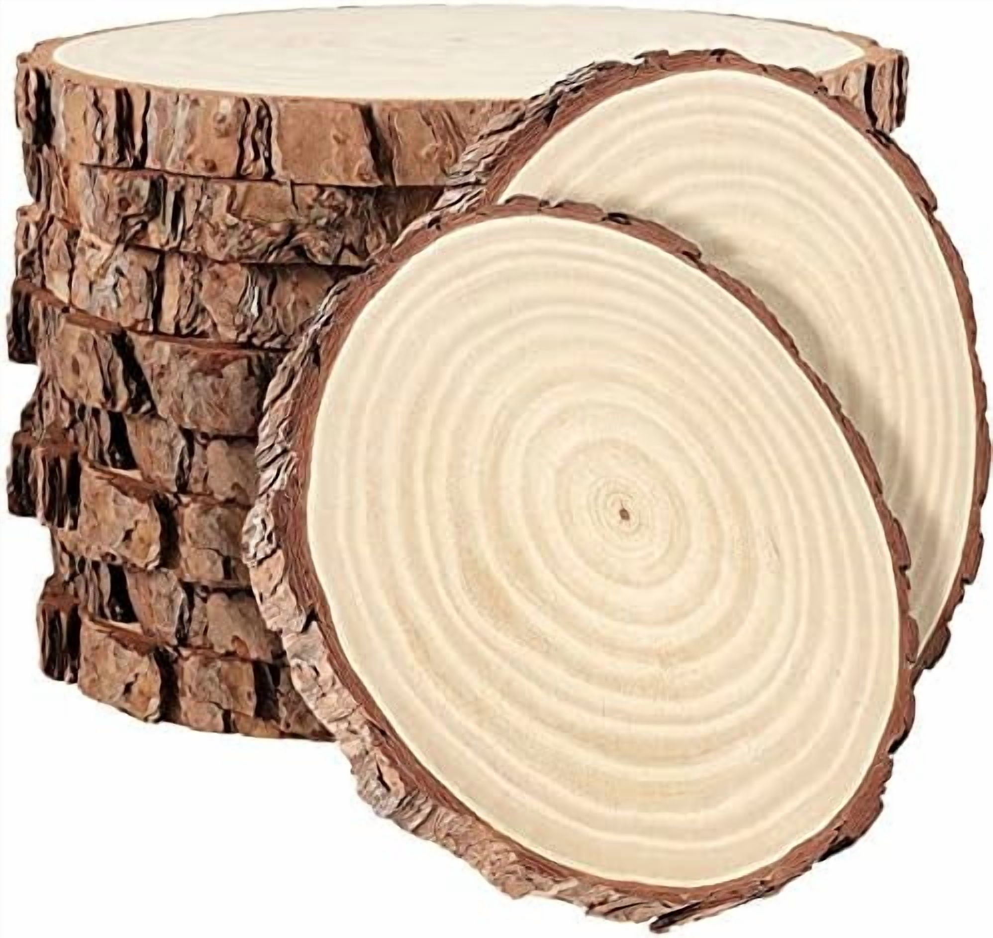 10 Piece 7-8 Inch Natural Wood Slices with Bark, Unfinished Large Round ...