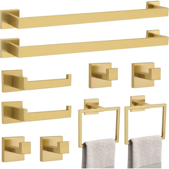 10-Piece Bathroom Hardware Accessories Set-Brushed Gold Towel Bar ...