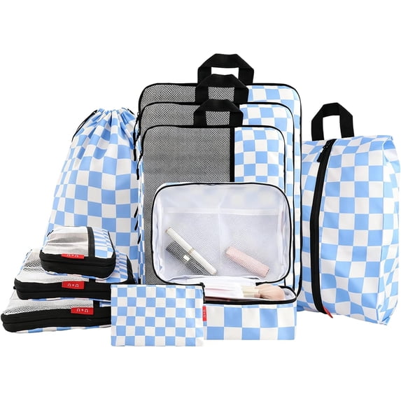 10-Piece Blue Checkered Compression Packing Cube Set with Laundry and ...