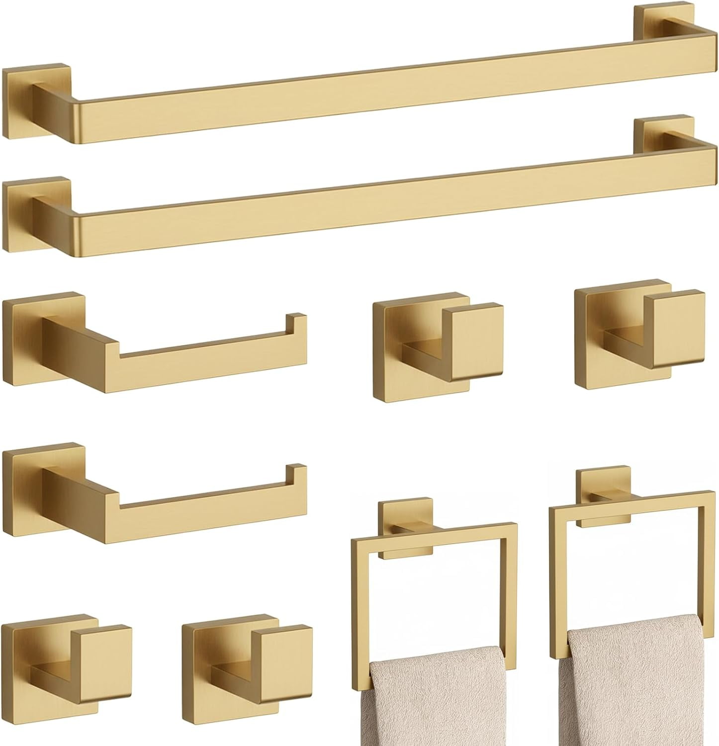 10-Piece Brushed Gold Bathroom Accessories Set – 23.6" Towel Bar, Towel ...