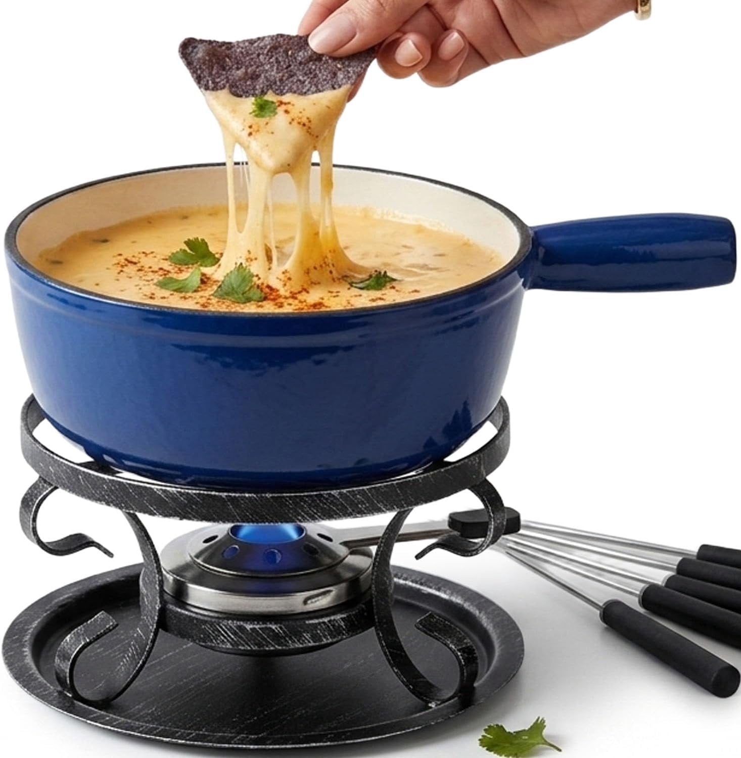 10-Piece Cast Iron Cheese Fondue Pot Set, 2.1 Qt Swiss-Style Fondue Set ...