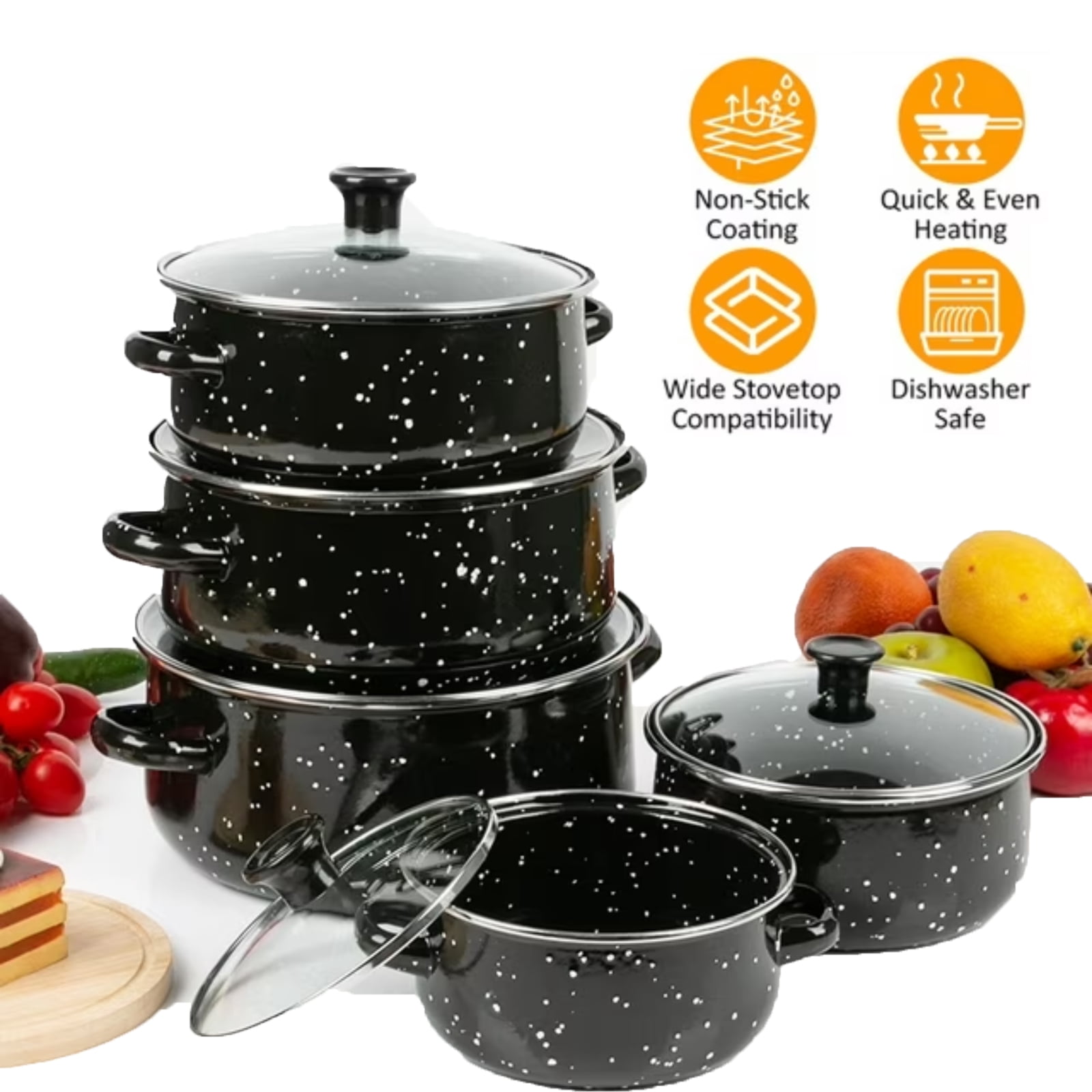 5Pcs Cooking Pot and Casserole Set with Glass Lids, Black Enamel ...