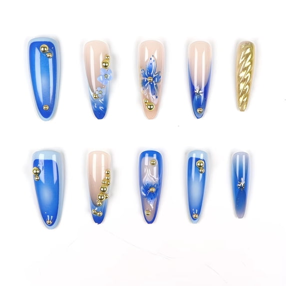 10 Piece Handmade Press on Nails Set - Almond Blue Flower & Gold Pearl ...