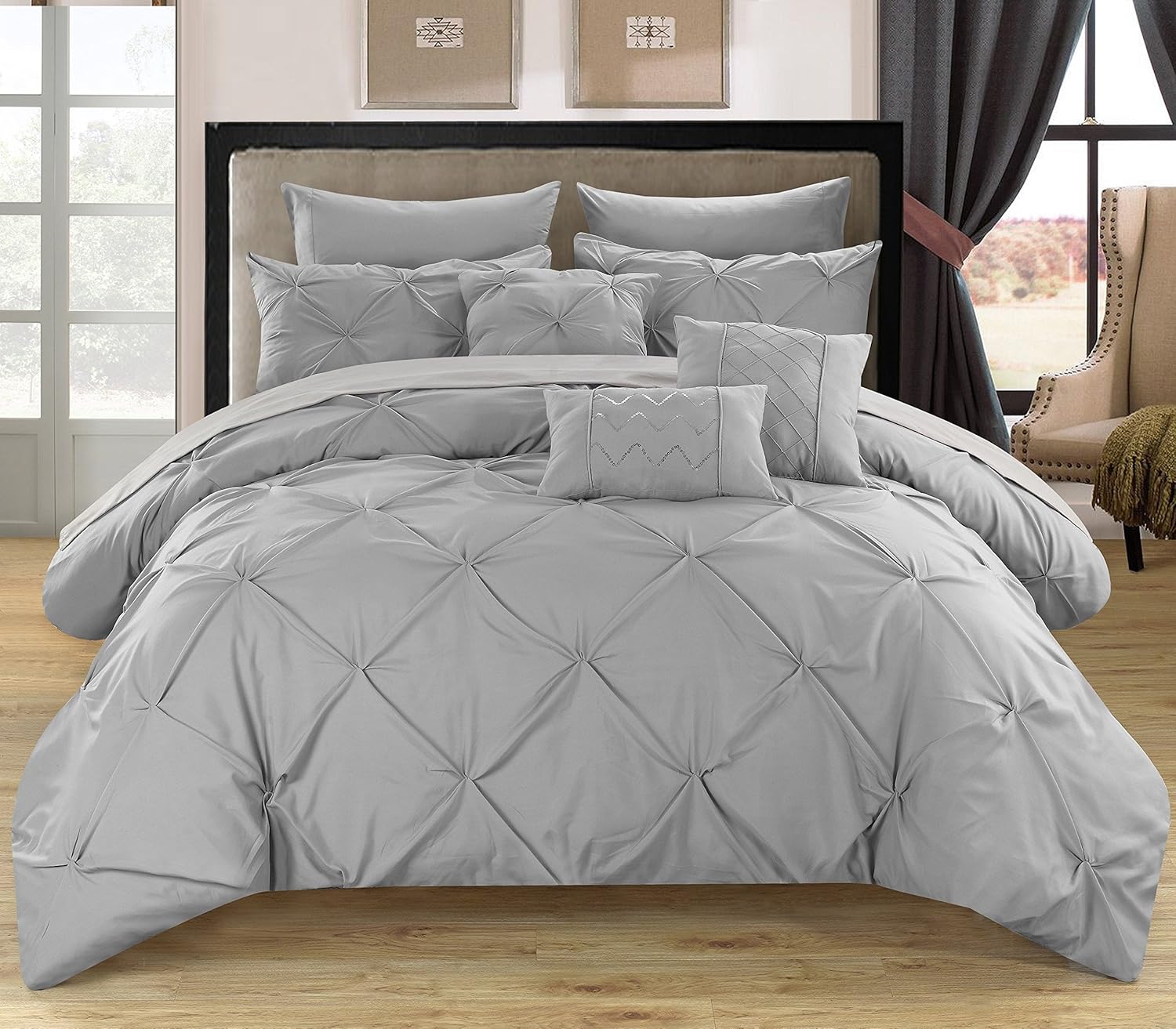 10 Piece Hannah Pinch Pleated Ruffled and Pleated Complete Queen Bed in ...