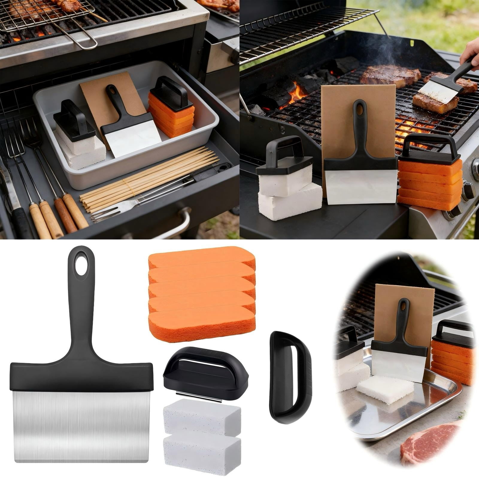 10-Piece Heavy Duty BBQ Grill Cleaning Kit with Scrapers & Brushes ...