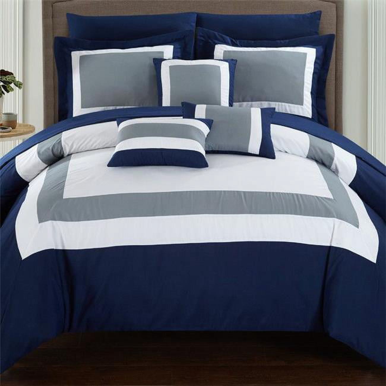 10 Piece Lior Quilted Embroidered Design Bedding Comforter Set, Blue ...