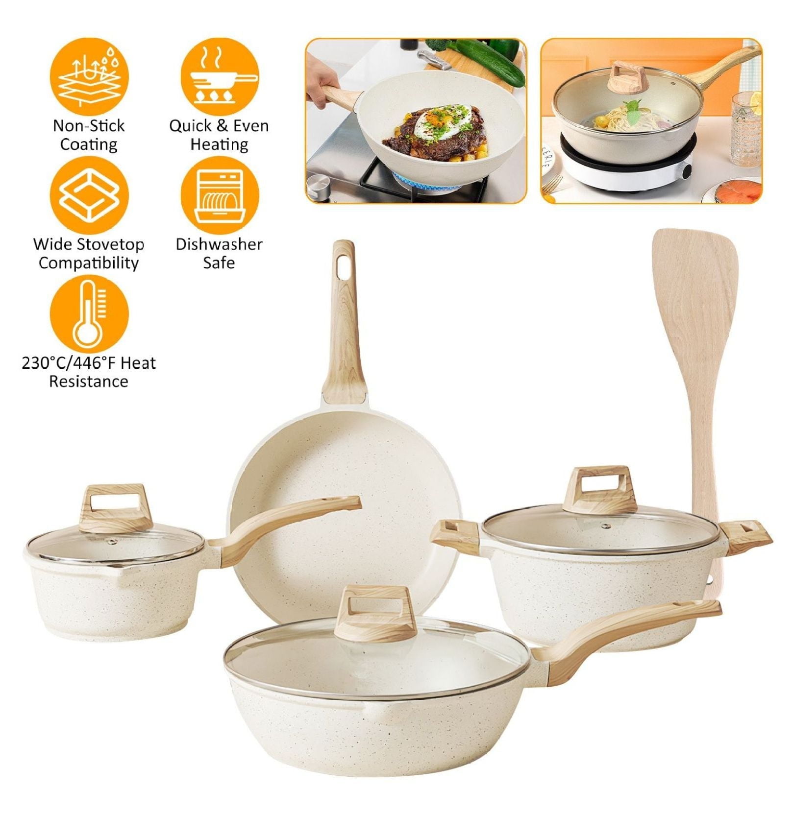 10-Piece Nonstick Cookware Set with Granite Coating, Pots & Pans for ...