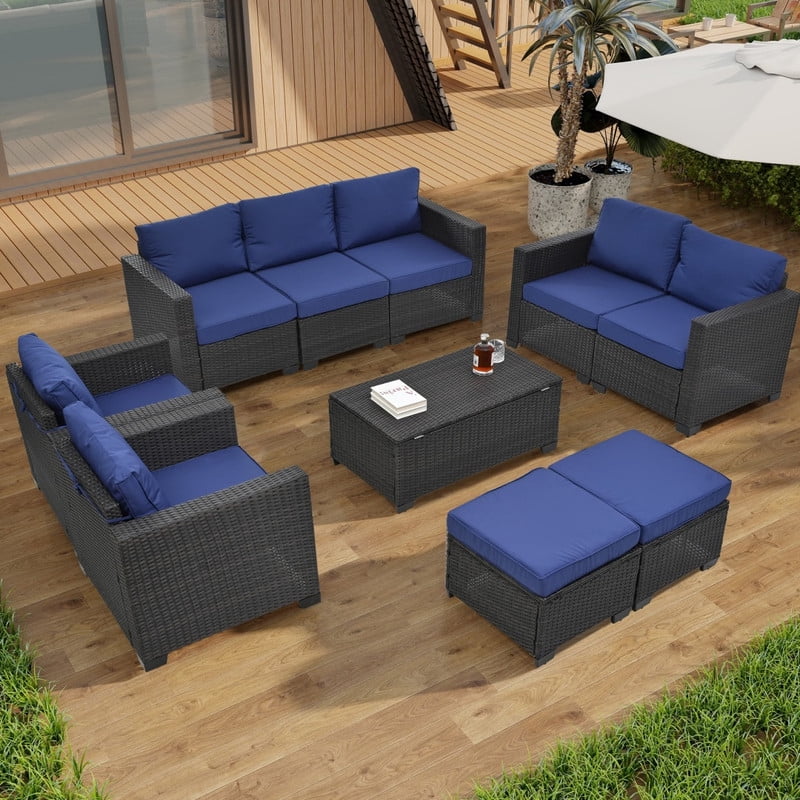 10-Piece Outdoor PE Rattan Patio Furniture Set with Cushions and Lift ...