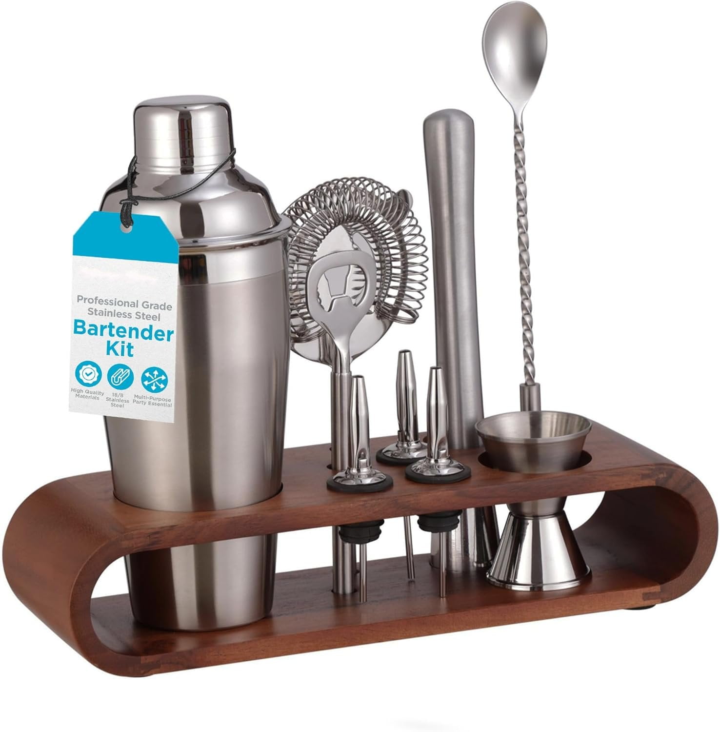 10 Piece Professional Bartender Cocktail Mixing Set with Acacia Wood ...