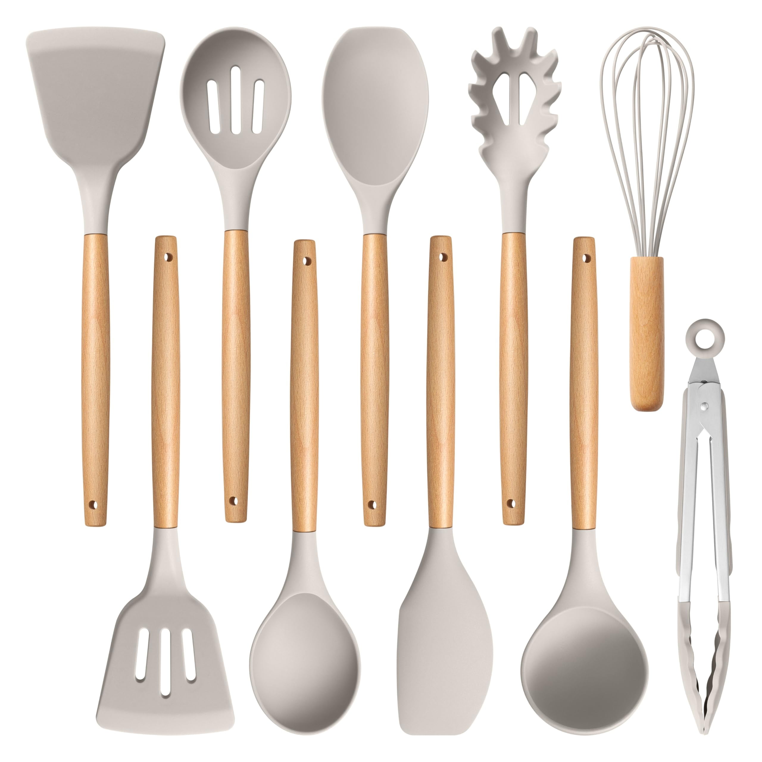 10-Piece Silicone Kitchen Utensils Set with Wooden Handle, Nonstick ...