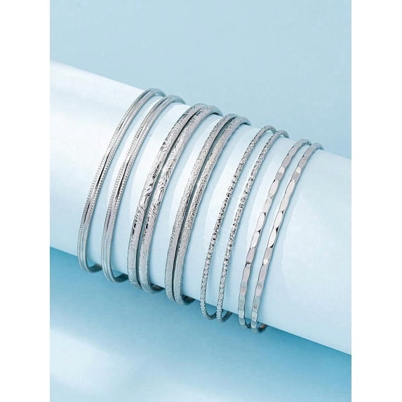 10-Piece Silver-Tone Alloy Textured Bohemian Bangle Set For Adults ...