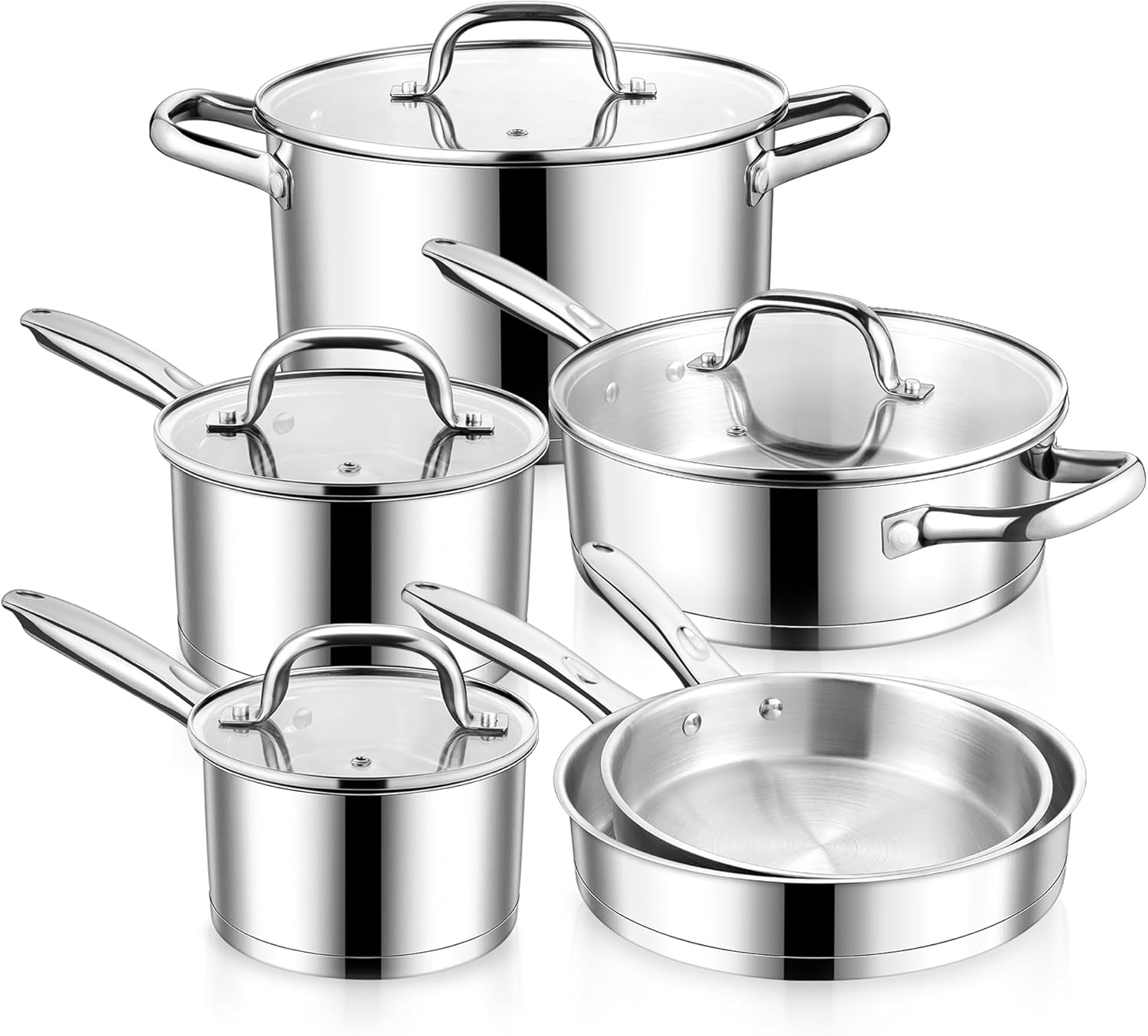 10-Piece Stainless Steel Cookware Set, Induction Pots and Pans Set with ...