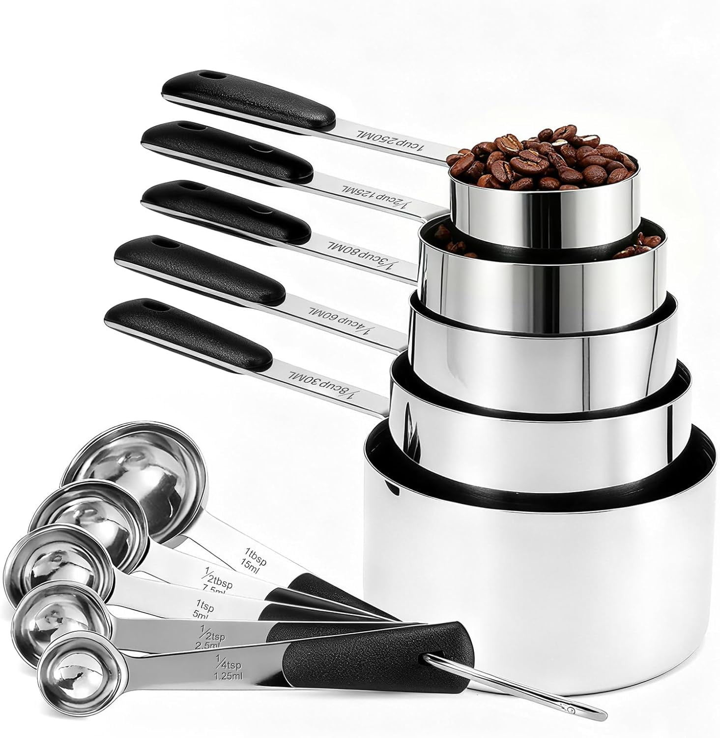 10 Piece Stainless Steel Measuring Cups and Spoons Set with Black ...