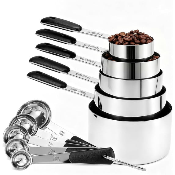 10 Piece Stainless Steel Measuring Cups and Spoons Set with Black ...