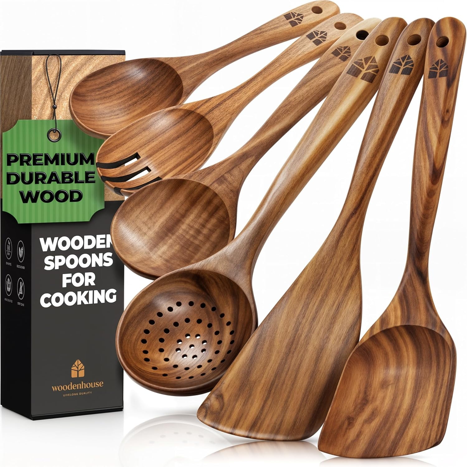 10-Piece Teak Wooden Cooking Utensils Set: Sturdy, Lightweight & Heat ...