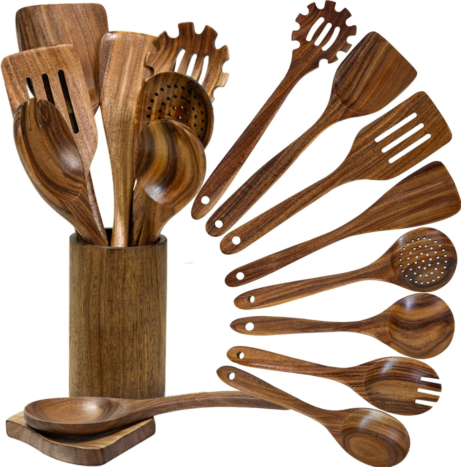 "10-Piece Teak Wooden Utensil Set – Handmade Kitchen Tools with Holder ...