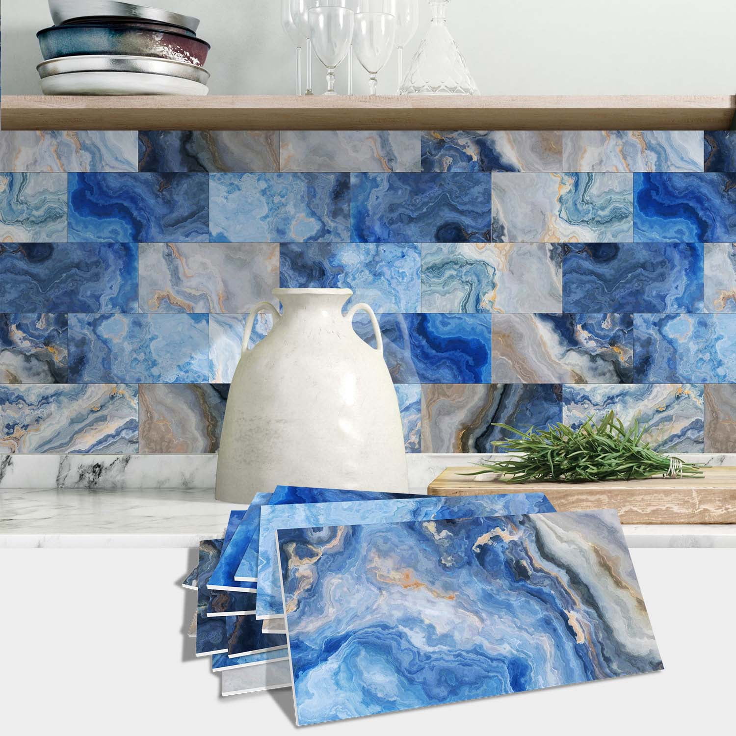 10 Piece Tile Decals Blue Marble Tiles Stickers Thicken Peel and Stick ...