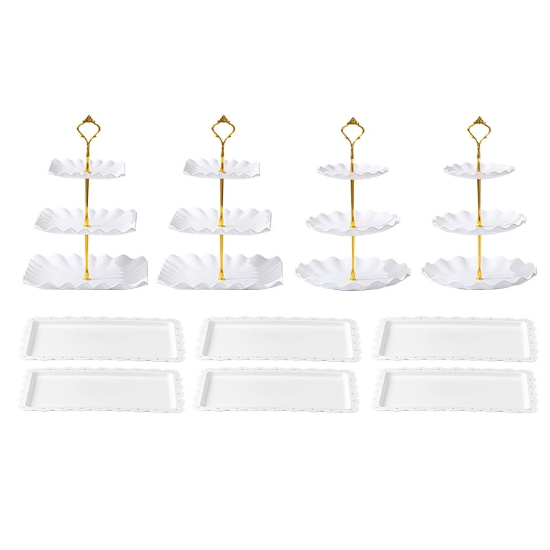 10-Piece Wavy Pattern Dessert Stand Set with Alloy Crown Poles, White ...