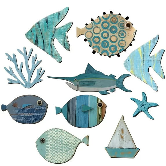 10-Piece Wooden Nautical Fish Wall Decor Set - Beach Theme Bathroom ...