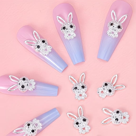 10 Pieces 3D Rabbit Alloy Rhinestone Nail Charms - Cute Bunny Nail Art ...