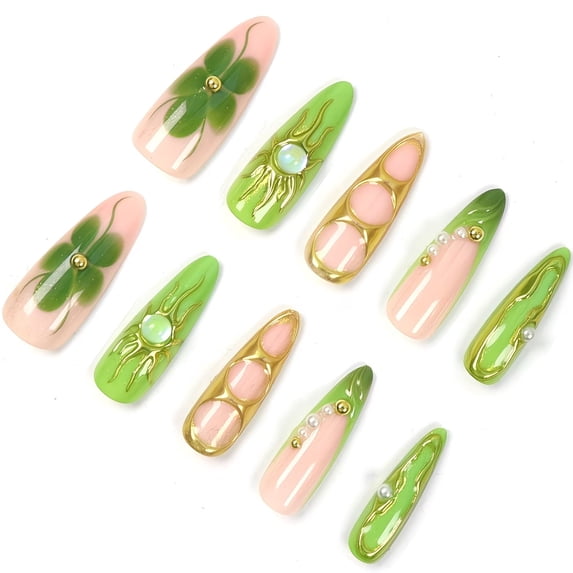 10 Pieces Almond Color Long False Press on Nails Set with 3D Sun ...