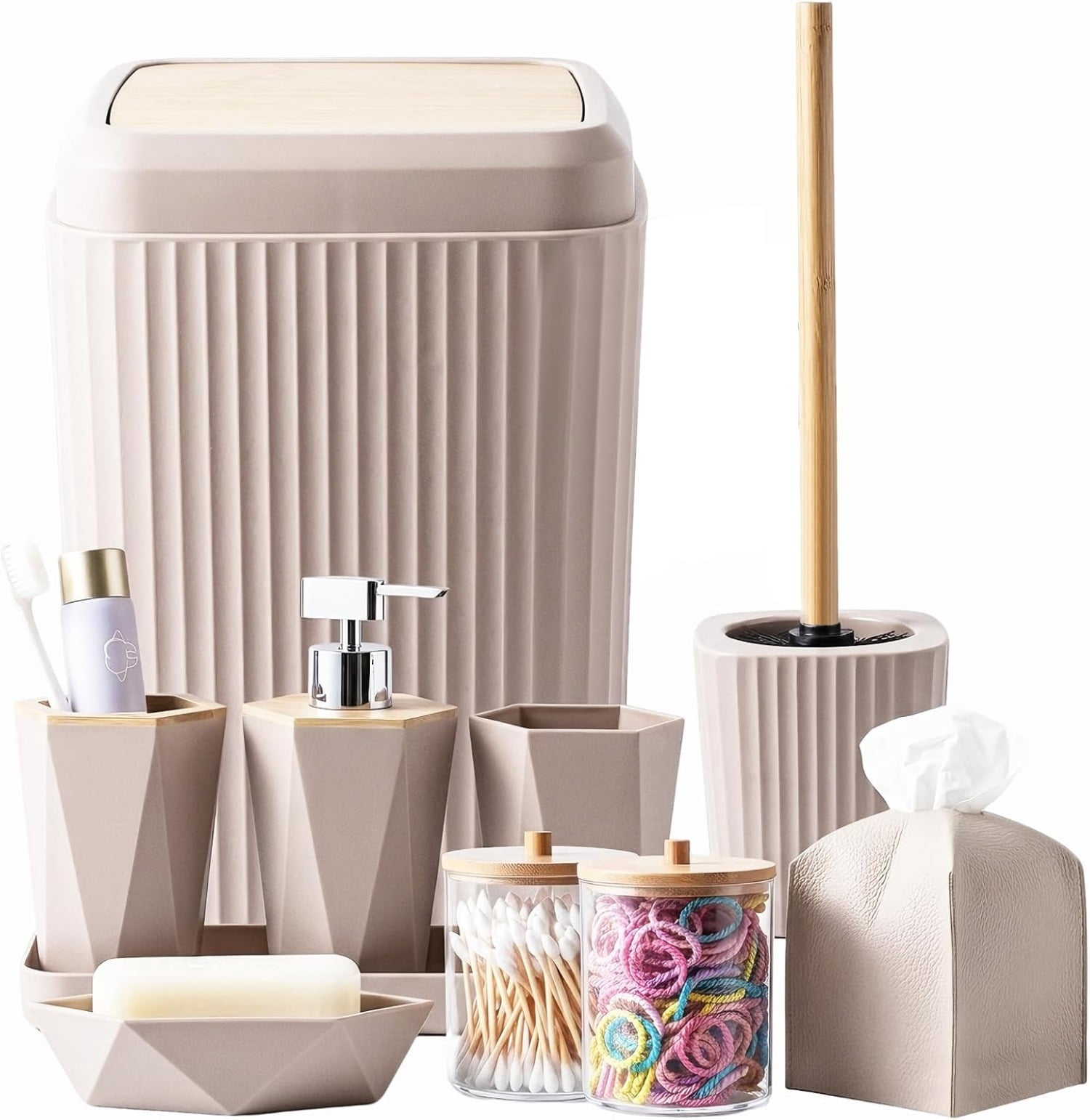 10 Pieces Bamboo Bathroom Set with Trash Can, Tray, Soap Dispenser ...