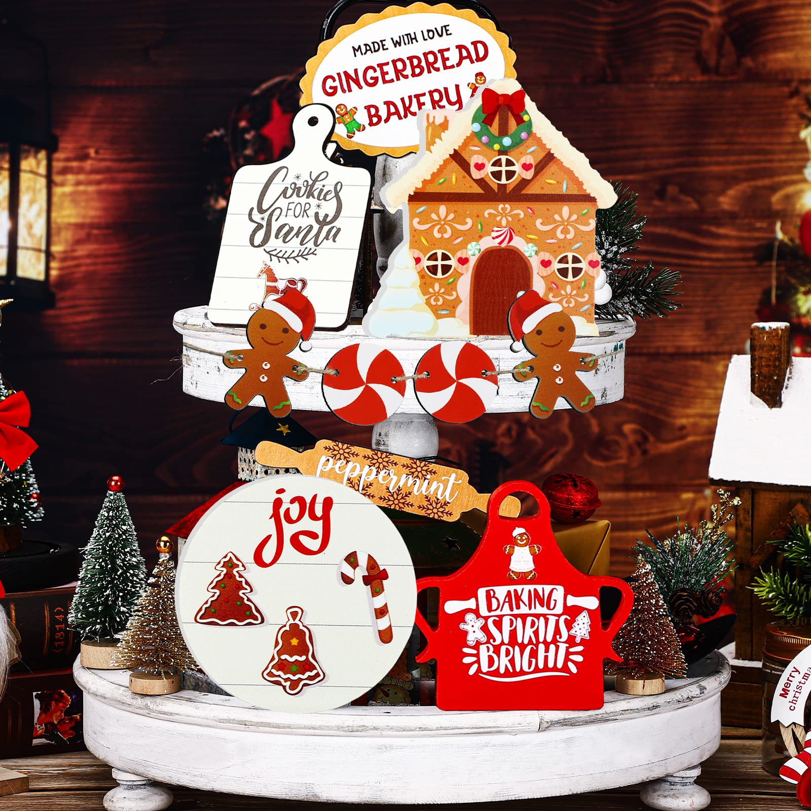 10 Pieces Christmas Gingerbread Man Tiered Tray Decor Wooden Tabletop ...